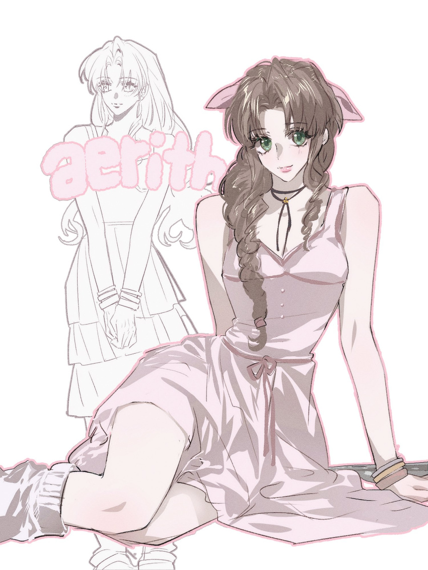 Safebooru - 1girl aerith gainsborough alternate costume bangle bare shoulders bracelet braid ...