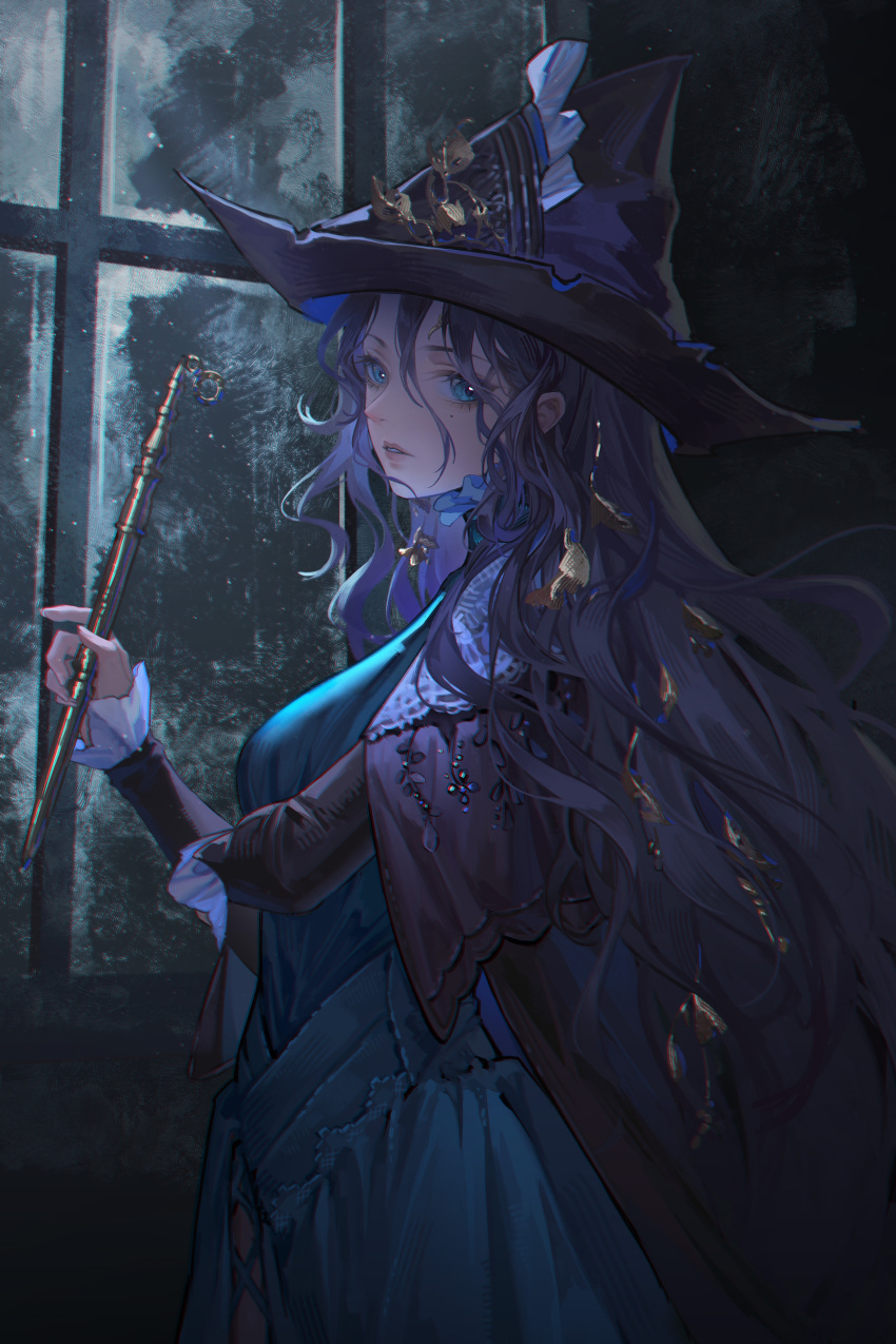Safebooru - 1girl absurdres black cape black hair black hat black sleeves blue dress blue eyes ...