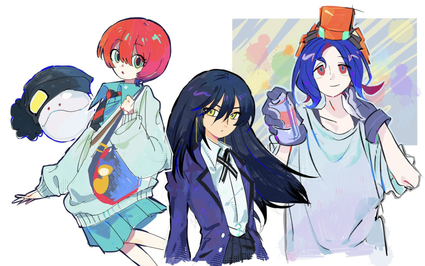 Safebooru - 1boy 2girls amate yuzuriha aqua eyes bag black hair blue ...