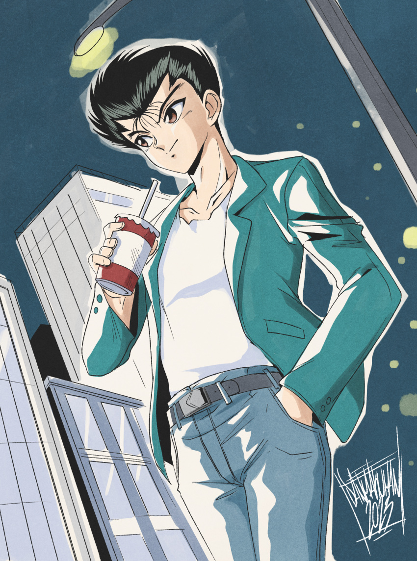 Safebooru - 1990s (style) 1boy absurdres black hair brown eyes building ...