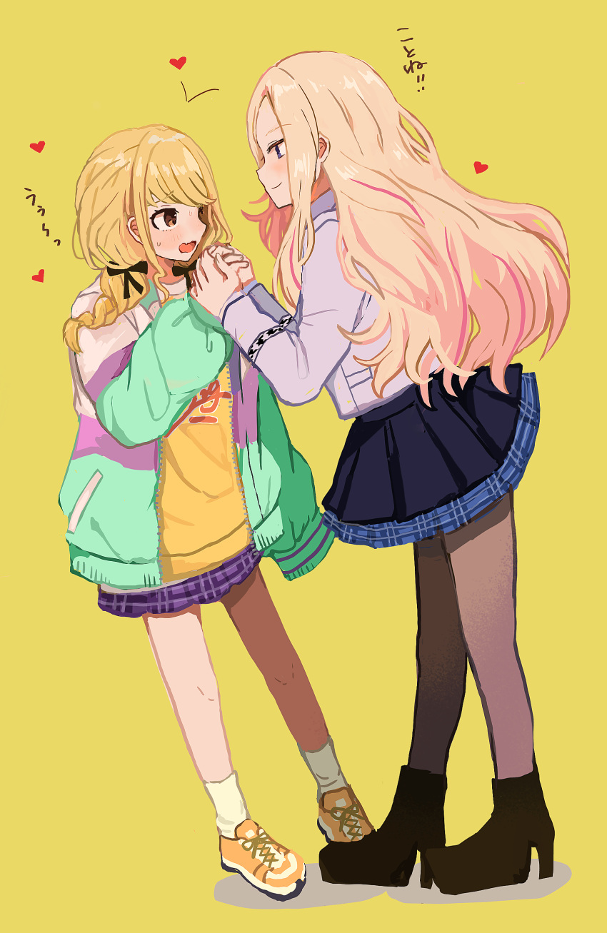 Safebooru - 2girls absurdres blonde hair blue overskirt blue skirt blush brown pantyhose ...