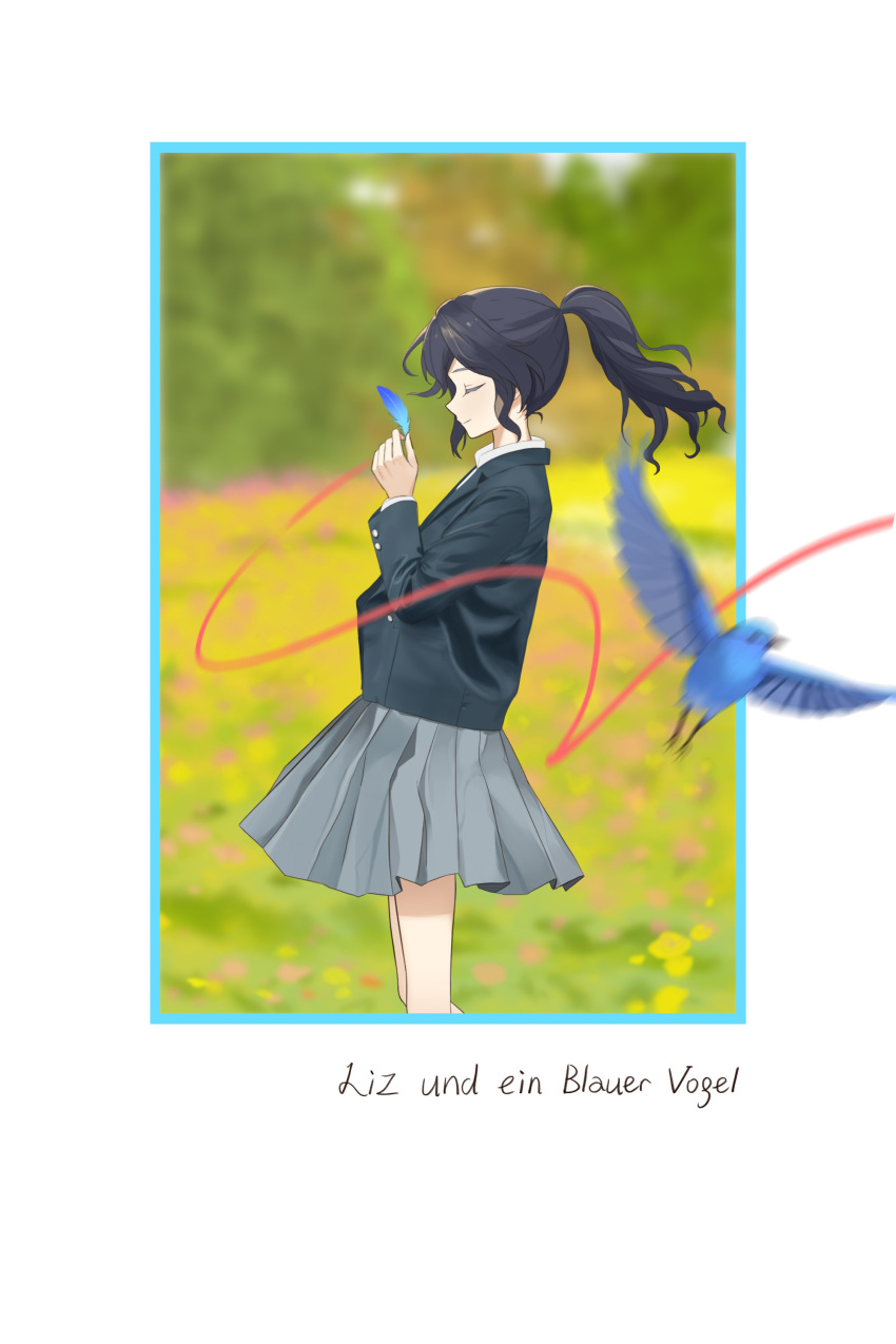 Safebooru - 1girl absurdres bird black hair black jacket blue bird border closed eyes closed ...