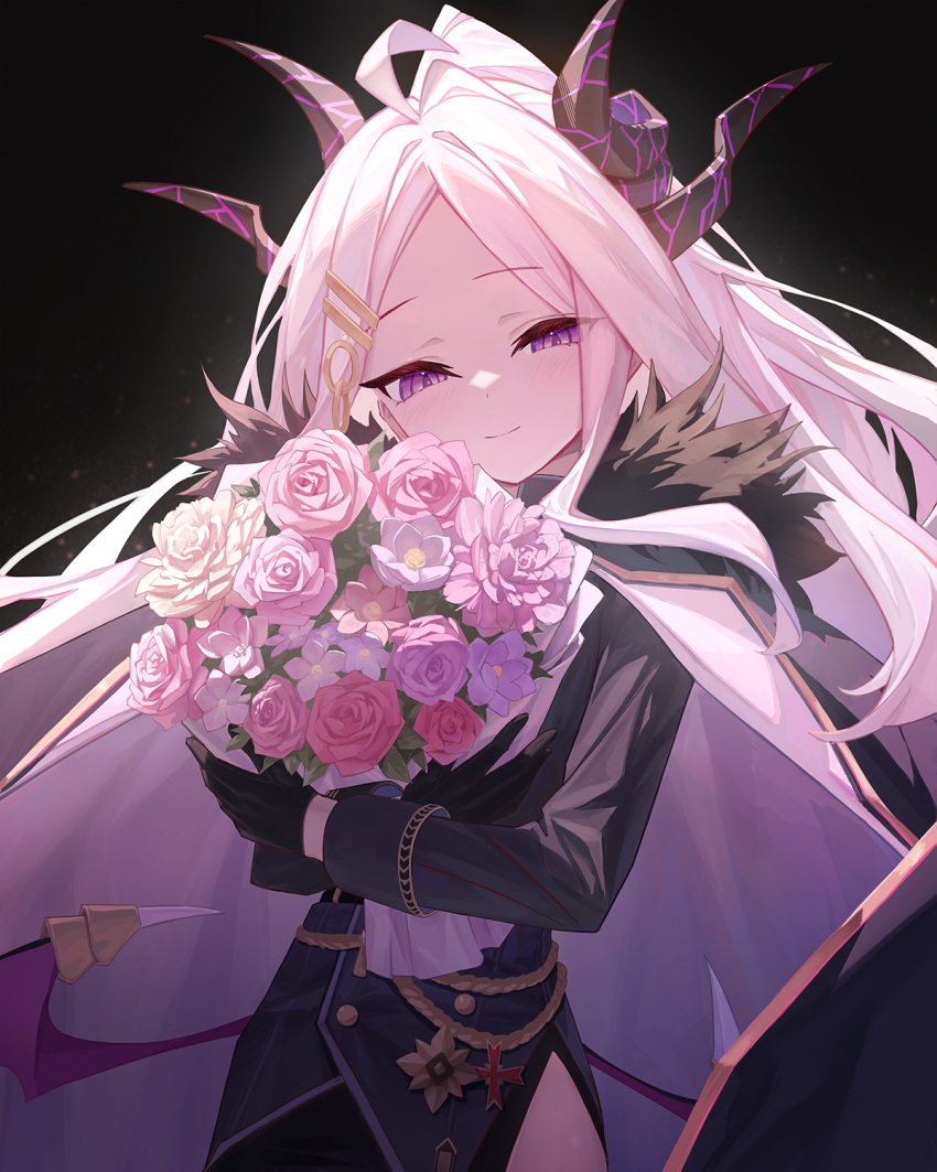 Safebooru - 1girl ahoge black background black gloves black horns blue ...