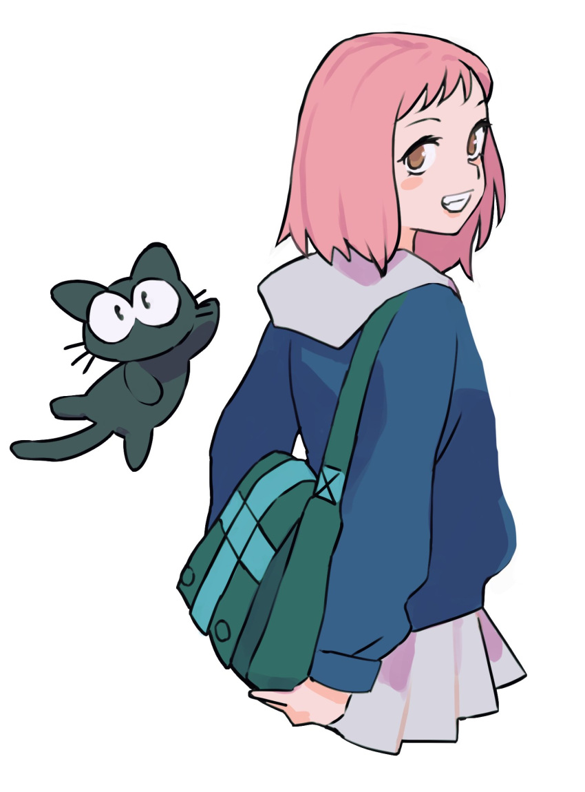Safebooru - 1girl bag black cat blue jacket brown eyes cat cropped ...