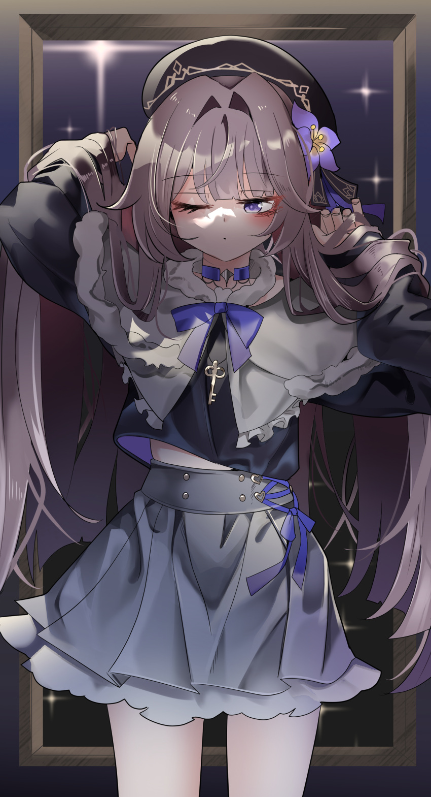 Safebooru - 1girl :o absurdres beret black hat black jacket black skirt blunt bangs brown hair ...