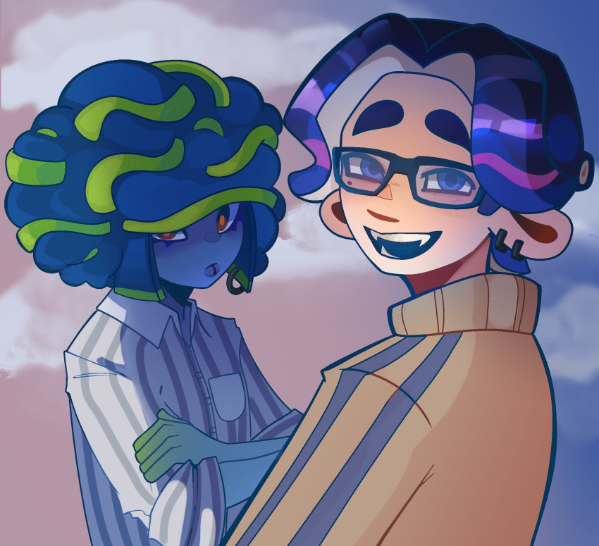 Safebooru - 2boys black-framed eyewear blue eyes blue skin brown jacket ...