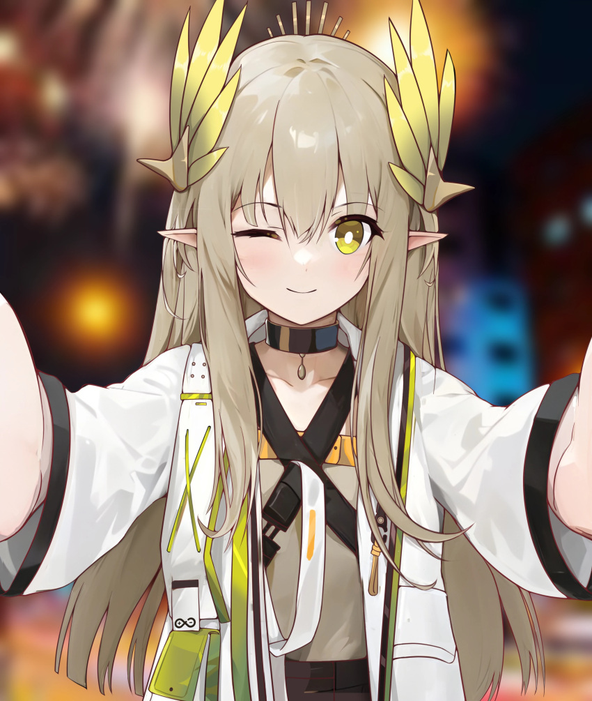 Safebooru - 1girl ;) absurdres arknights black choker black skirt blurry blurry background blush ...