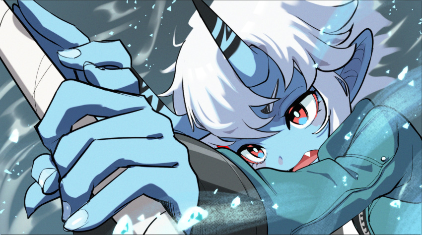 Safebooru - 1girl blue horns blue jacket blue oni blue skin colored skin commentary request ...