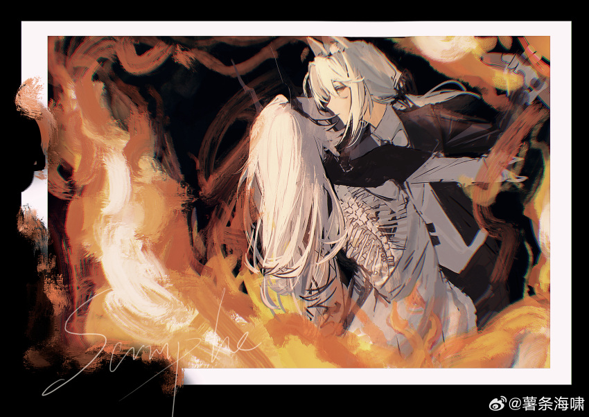 Safebooru - 2girls absurdres animal ear fluff animal ears arknights black jacket cat ears cat ...