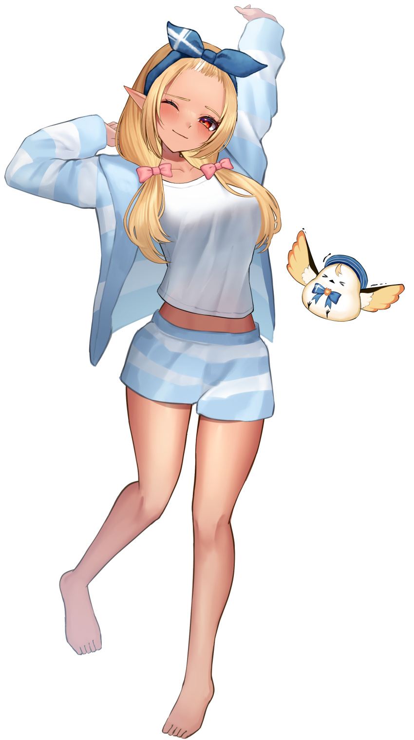 Safebooru - 1girl absurdres alternate costume alternate hairstyle arm up barefoot blonde hair ...