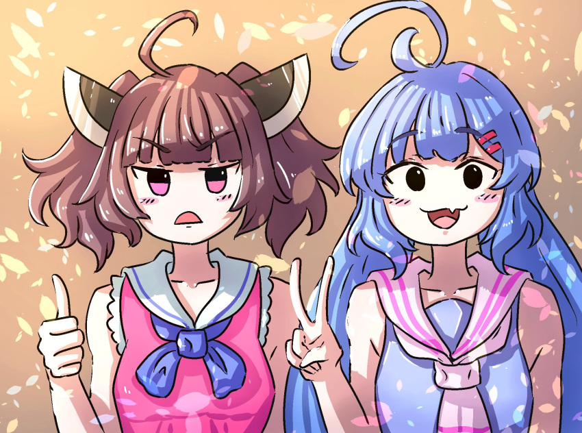 Safebooru - 2girls :3 :d ahoge black eyes blue hair blunt bangs brown ...