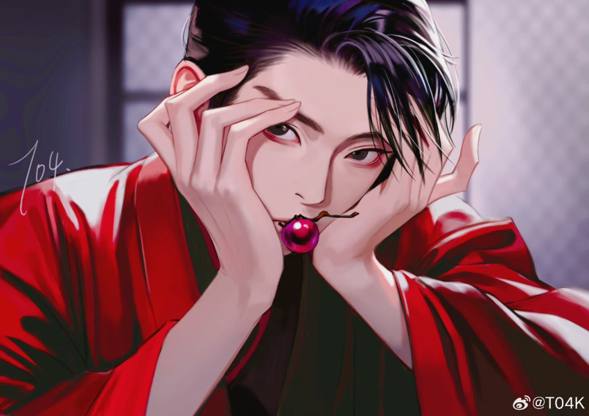 Safebooru - 1boy berry black eyes black hair blurry blurry background character request closed ...