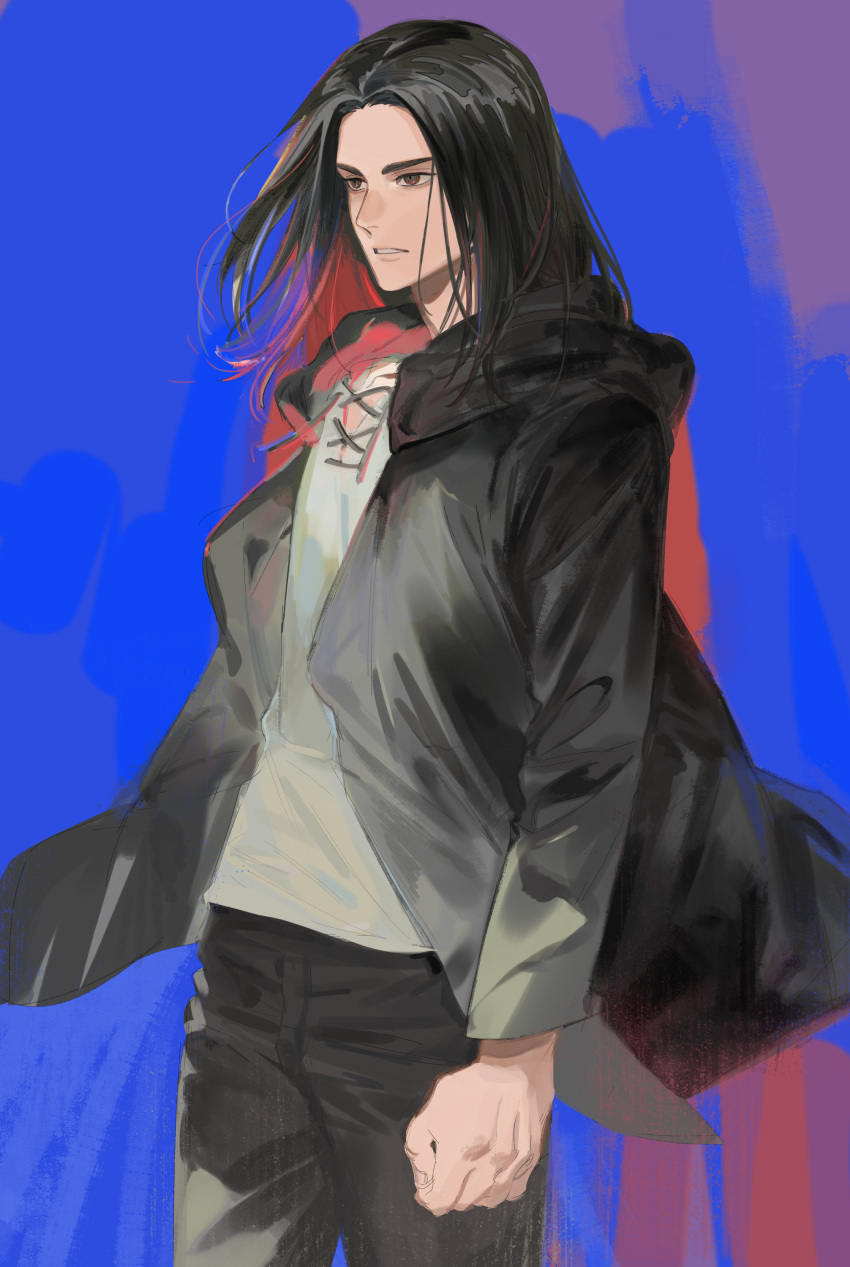 Safebooru - 0oizuo0 1boy absurdres black hair black jacket black pants blue background brown ...