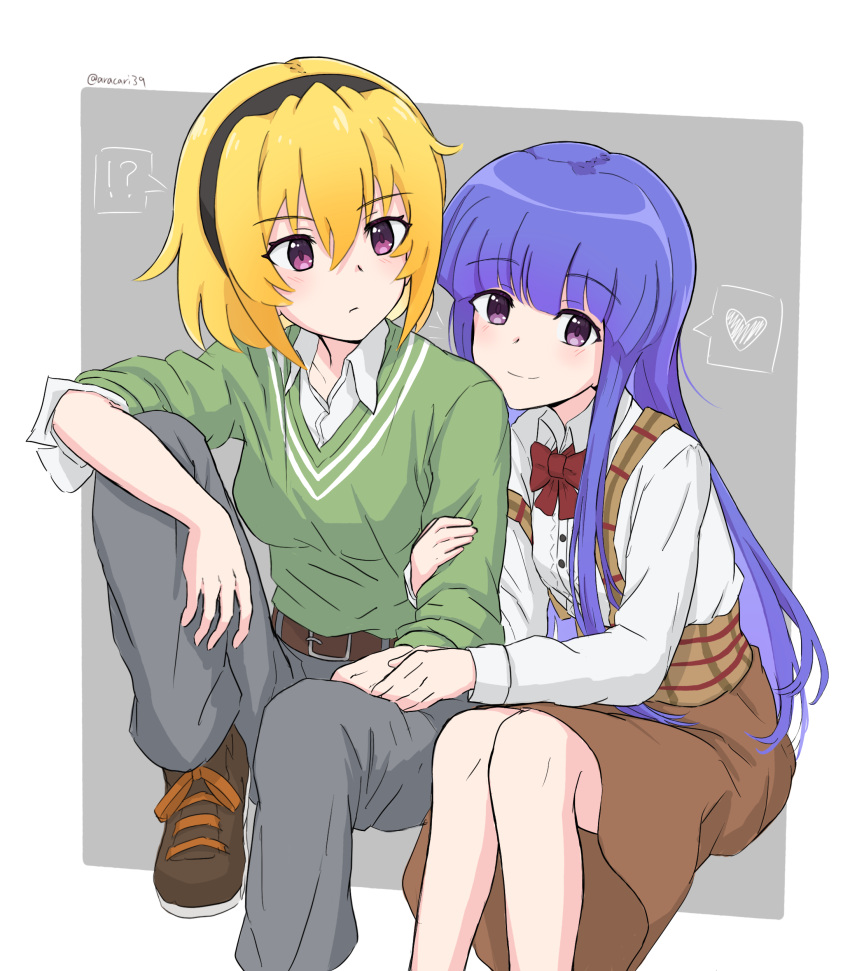 Safebooru - !? 2girls absurdres aracari artist name belt black hairband blonde hair blue hair ...