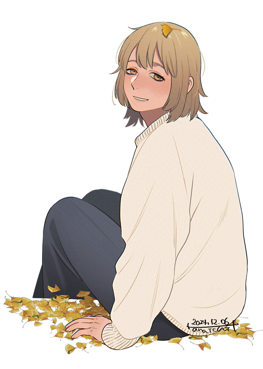 Safebooru - 1girl absurdres alternate costume autumn leaves black pants blonde hair commentary ...