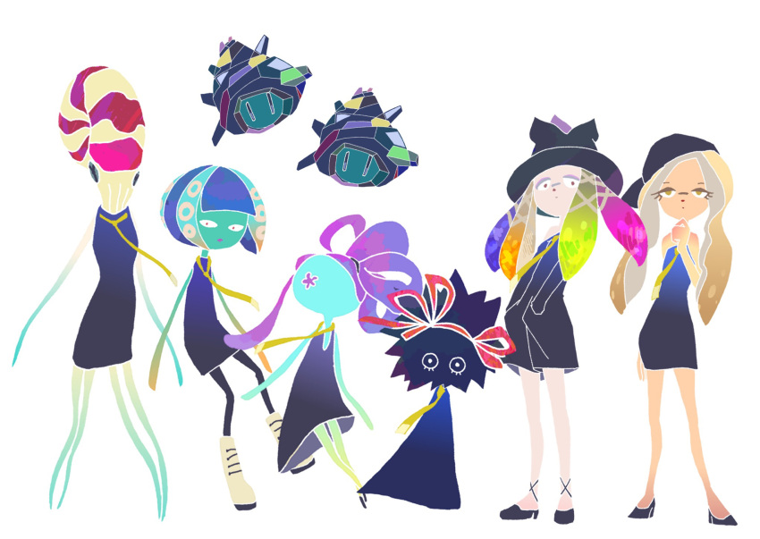 Safebooru - 6+girls aqua skin bare shoulders black footwear blonde hair ...