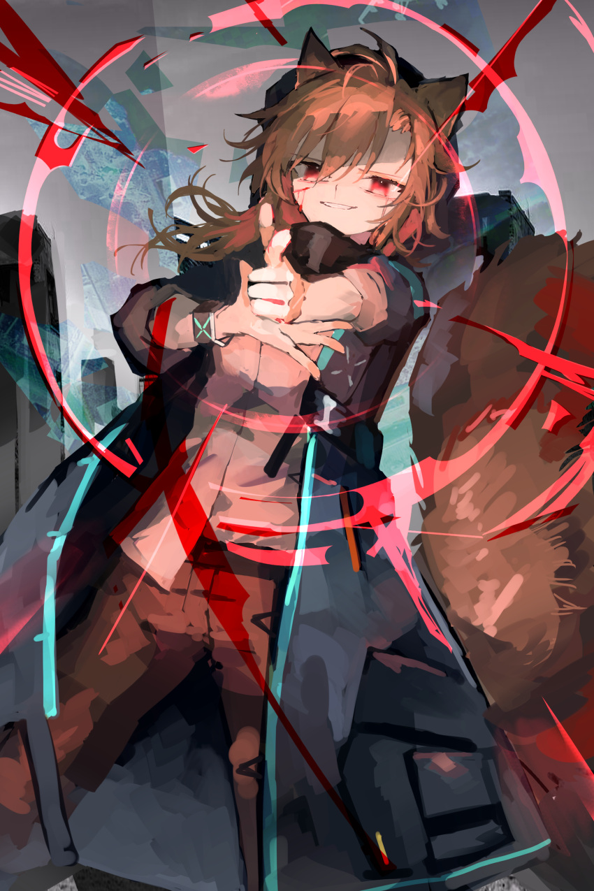 Safebooru - 1girl absurdres animal ears arknights black coat black jacket brown hair brown pants ...