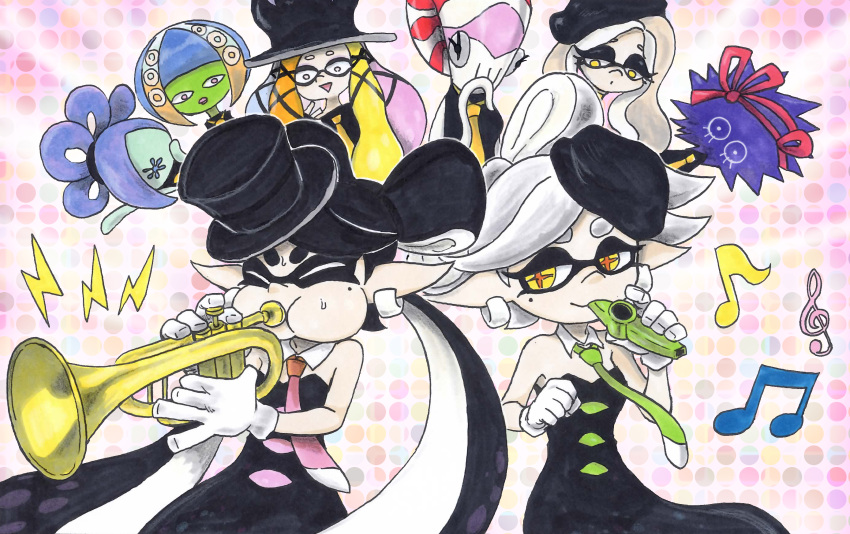 Safebooru - 6+girls bare shoulders beamed eighth notes black hair black ...