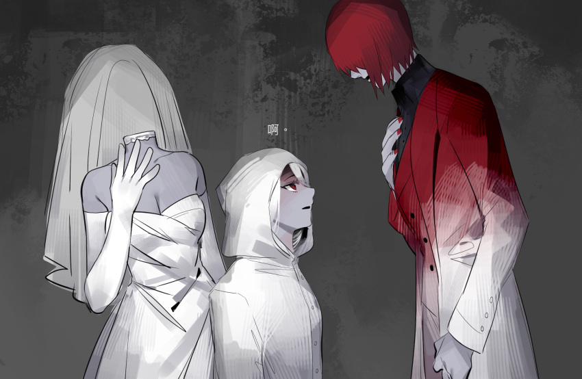 Safebooru - 1boy 2girls bridal veil chinese commentary chinese text ...