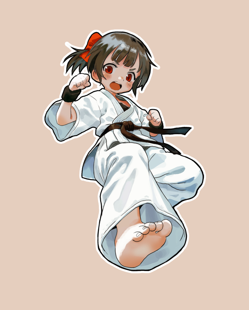 Safebooru - 1girl absurdres barefoot belt black belt bow brown background brown hair chinese ...