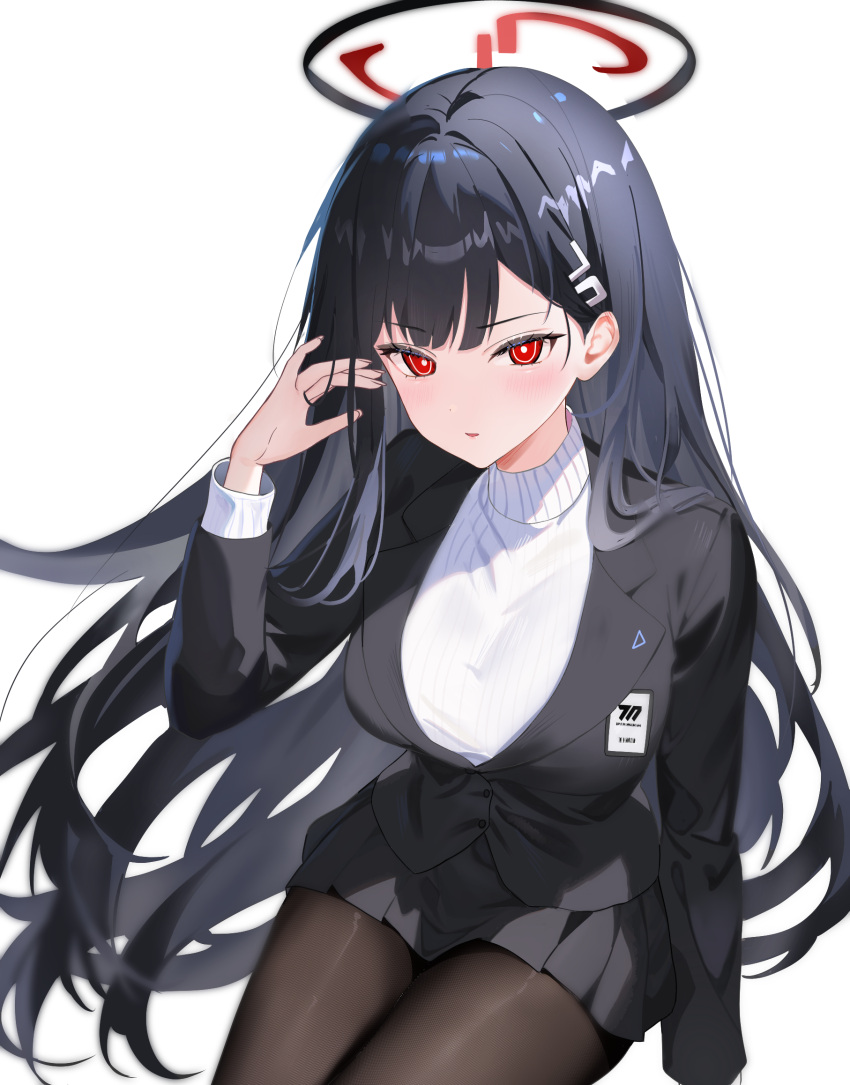 Safebooru - 1girl black hair black pantyhose blazer blue archive hair ornament hairclip halo ...