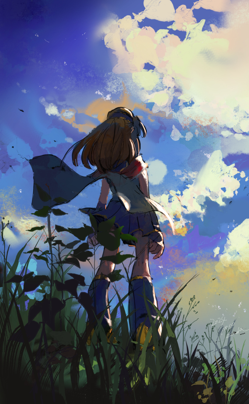 Safebooru - 1girl absurdres arle nadja blue cape blue skirt blue sky brown hair cape clouds ...