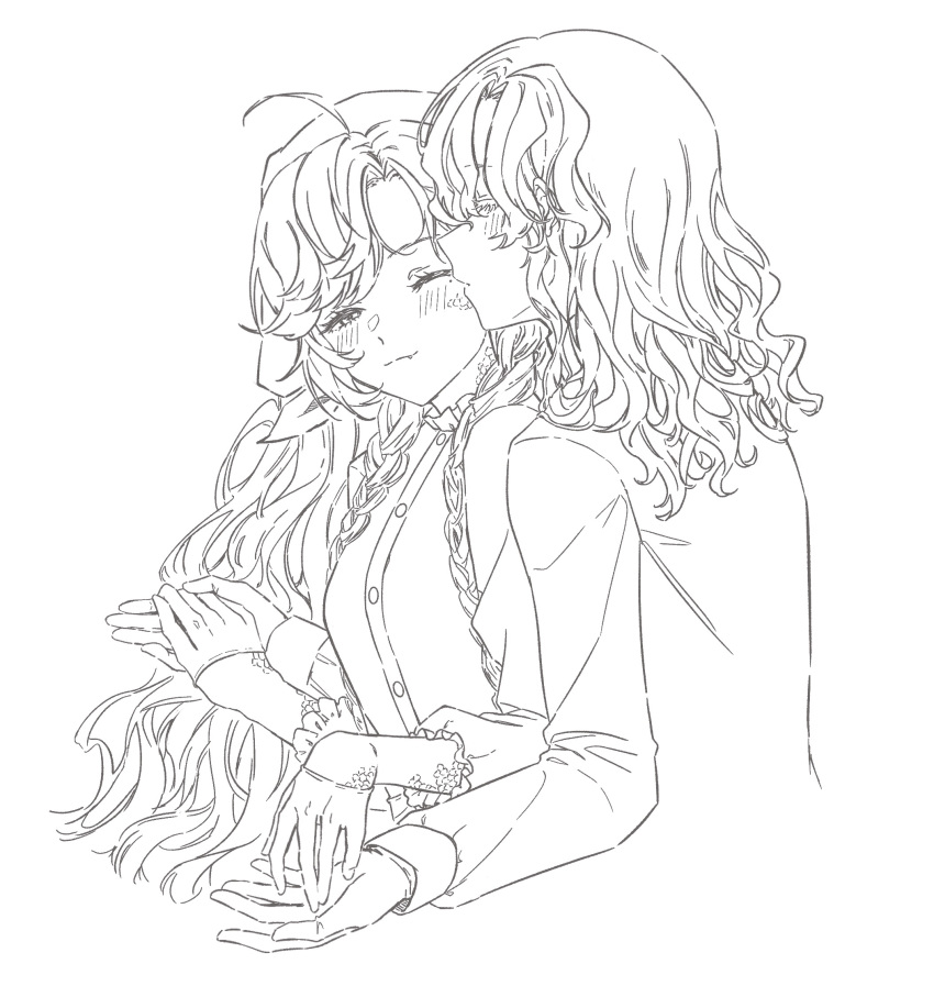 Safebooru - 2girls ;) ahoge blush cropped torso fang from side gloves ...