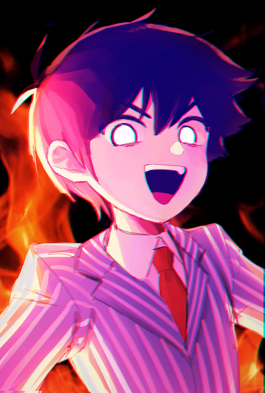 Safebooru - 1boy :d absurdres antenna hair backlighting black ...