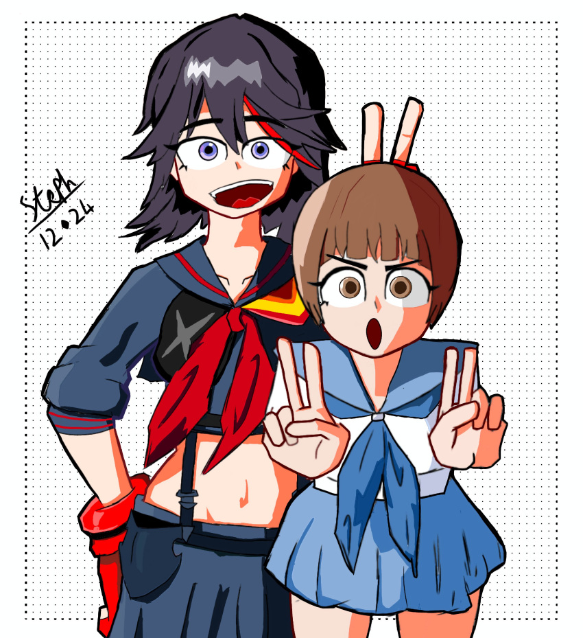 Safebooru - 2girls absurdres blue skirt brown eyes brown hair double v fingerless gloves gloves ...