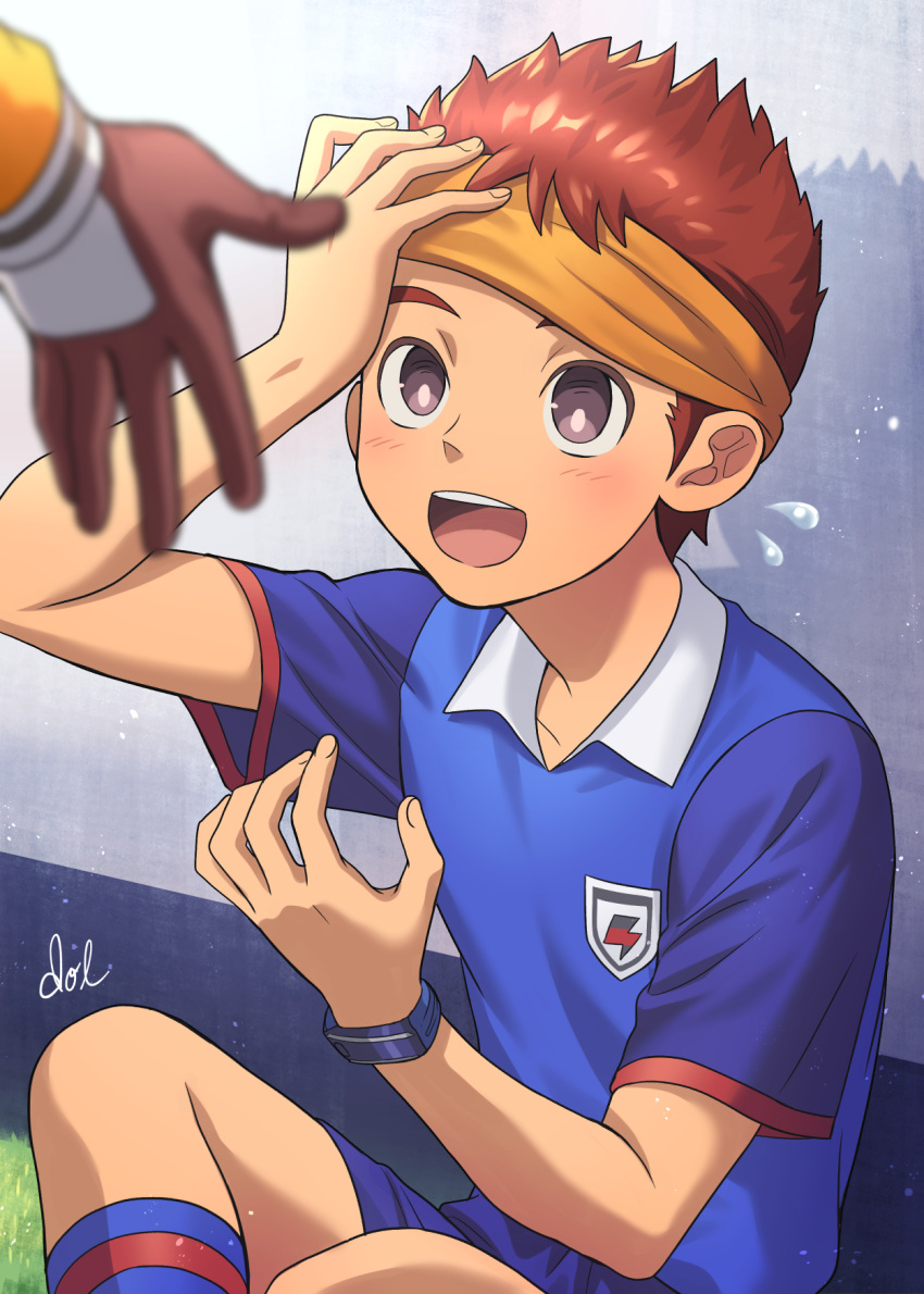Safebooru - 1boy against wall blue shirt blue shorts blue socks ...