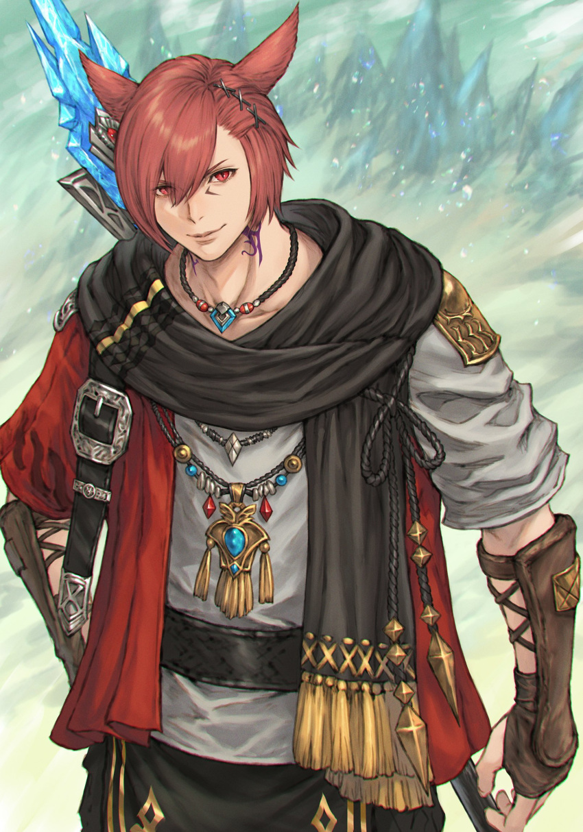 Safebooru - 1boy animal ears archon mark black scarf bracer cat boy cat ears cowboy shot facial ...