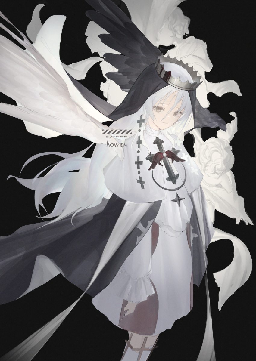 Safebooru - 1girl absurdres angel angel wings black background closed mouth cross crown dress ...