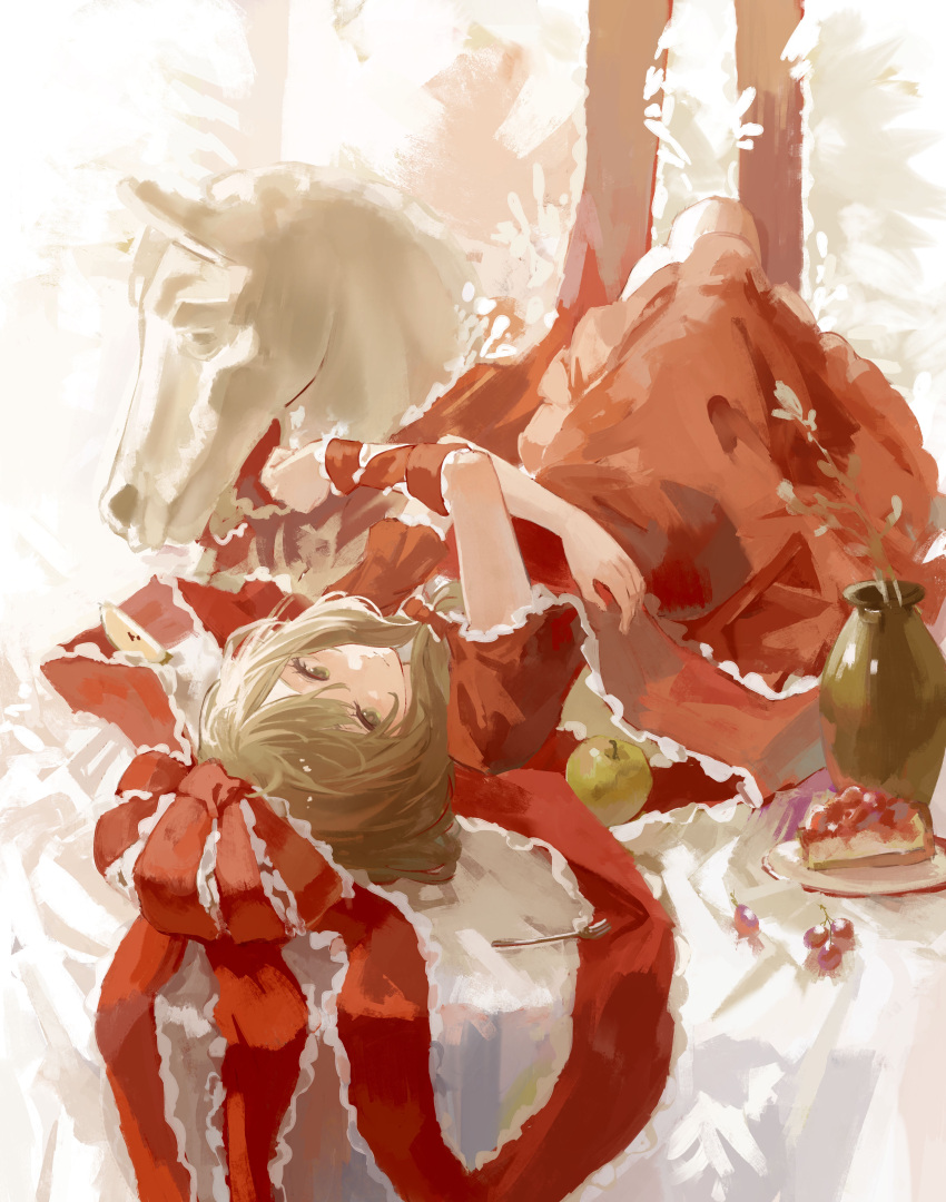 Safebooru - 1girl absurdres apple arm ribbon bow dress food fruit green apple highres kagiyama ...
