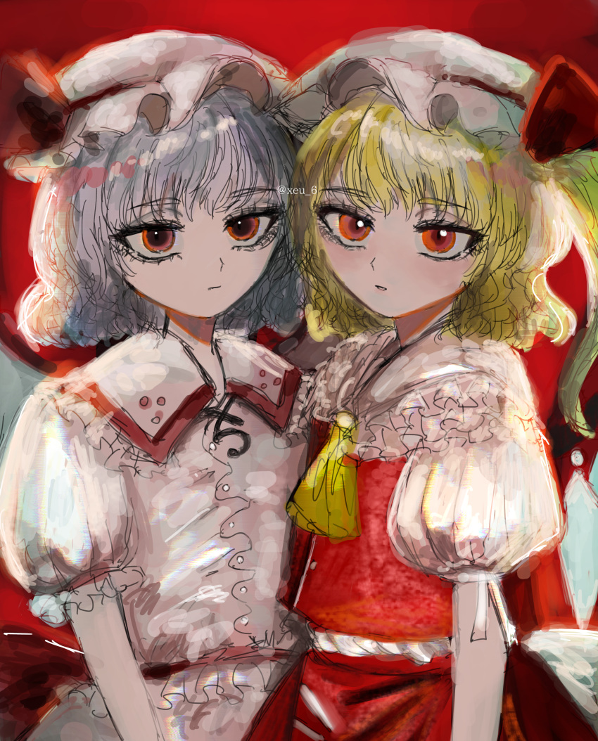 Safebooru - 2girls absurdres ascot bat wings blonde hair blue hair bow crystal dress flandre ...