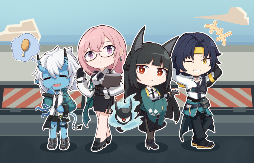 Safebooru - 1boy 3girls absurdres animal ears arms behind head asaba harumasa black footwear ...