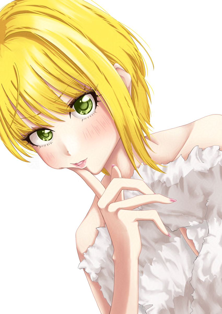Safebooru - 1girl absurdres blonde hair blush collarbone dutch angle finger to cheek fingernails ...