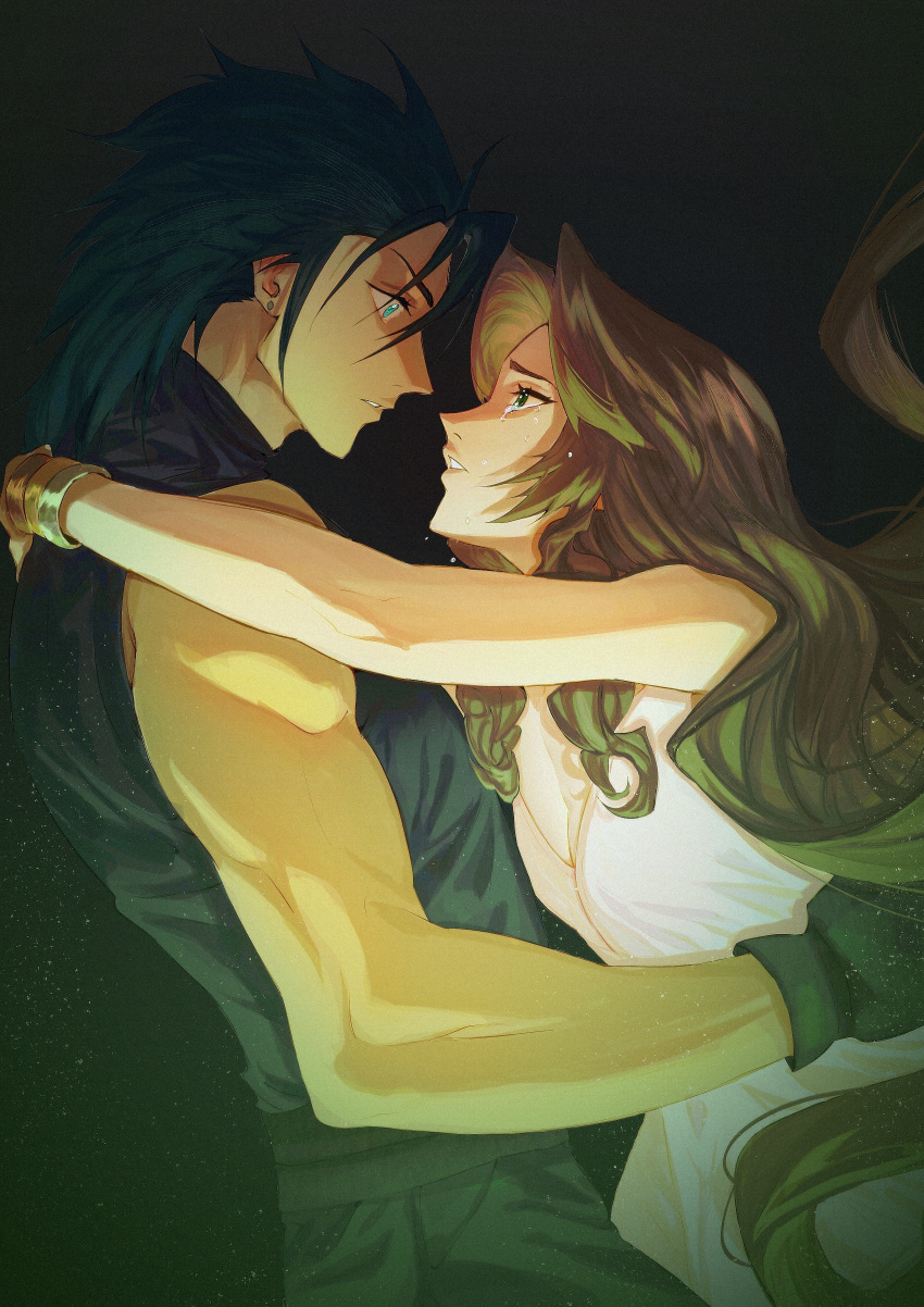 Safebooru - 1boy 1girl absurdres aerith gainsborough bangle bare shoulders black background ...