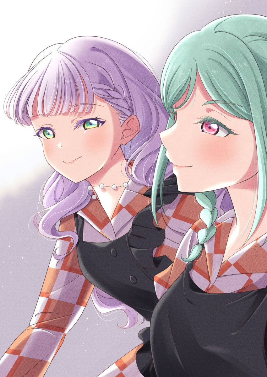 Safebooru - 2girls aqua hair black dress blunt bangs blush braid ...