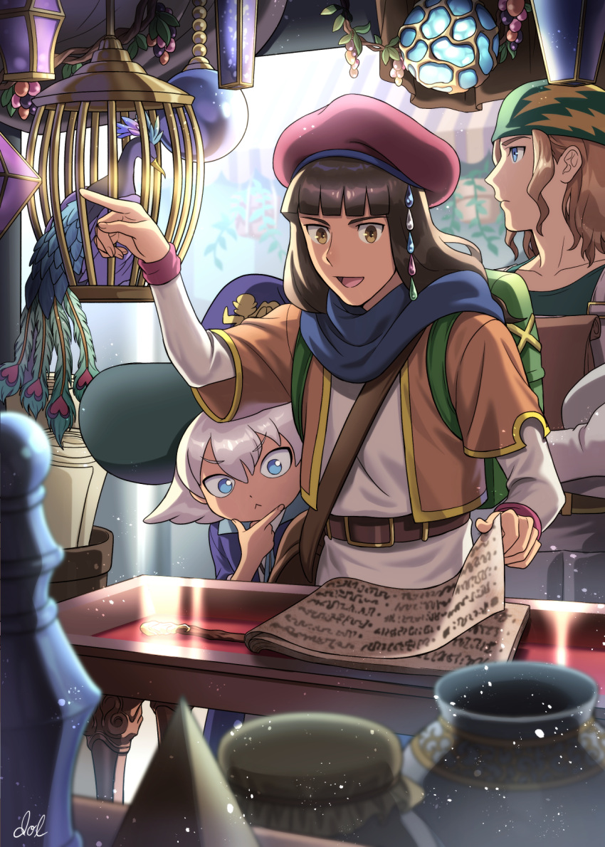 Safebooru - 3boys backpack bag bandana belt belt buckle bird birdcage blonde hair blue eyes blue ...