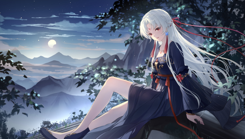 Safebooru - 1girl absurdres black hanfu chinese clothes flats grey hair hair ribbon hanfu ...