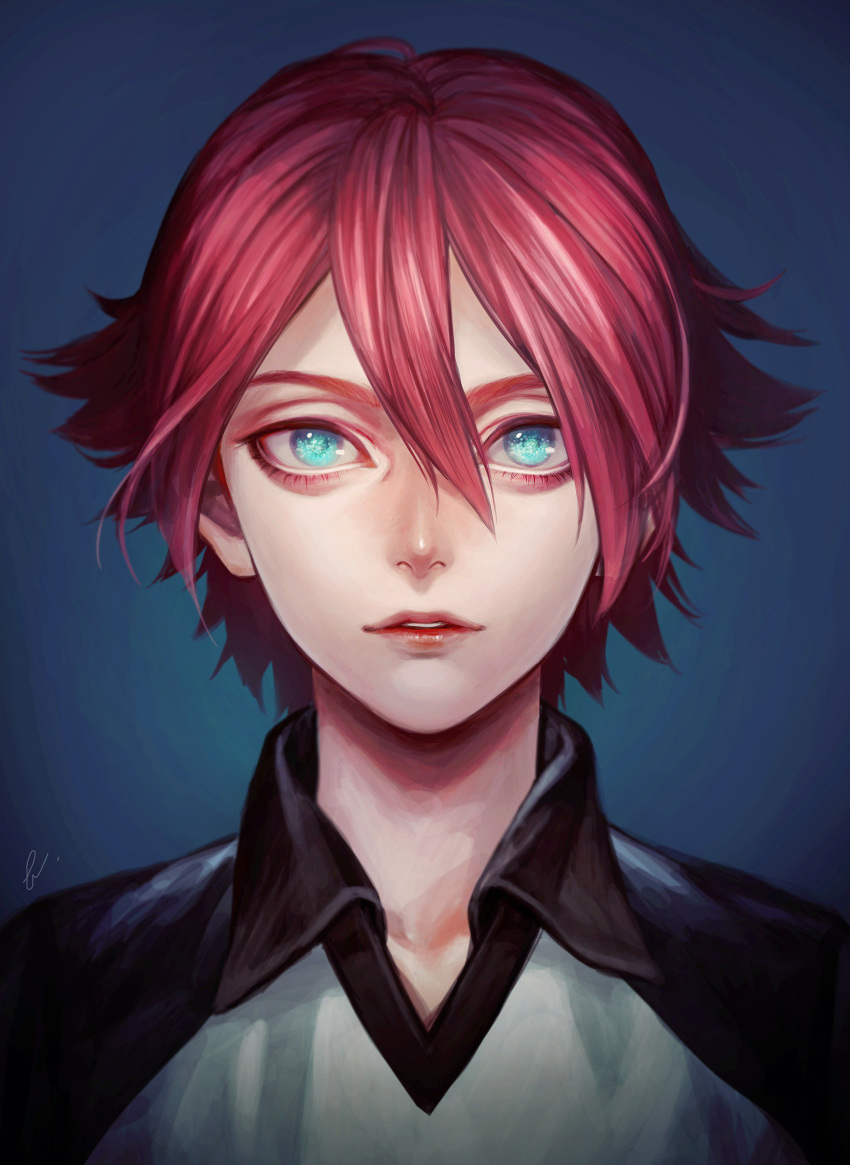 Safebooru - 1boy absurdres blue background blue eyes collared shirt ...