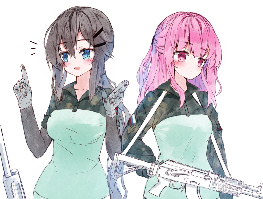 Safebooru - 2girls :d absurdres ak-47 assault rifle bangs blue eyes blush breasts brown hair ...