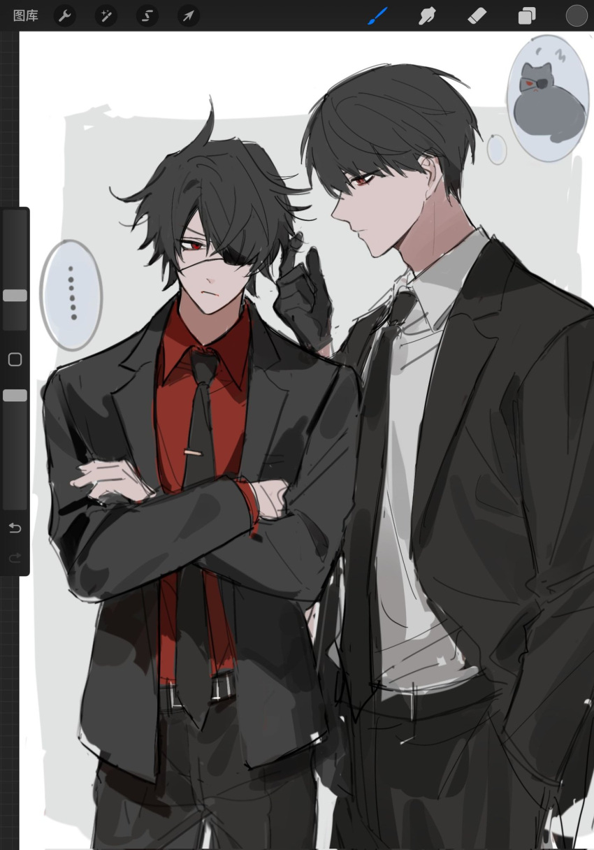 Safebooru - ... 2boys art program in frame belt black belt black hair black jacket black necktie ...