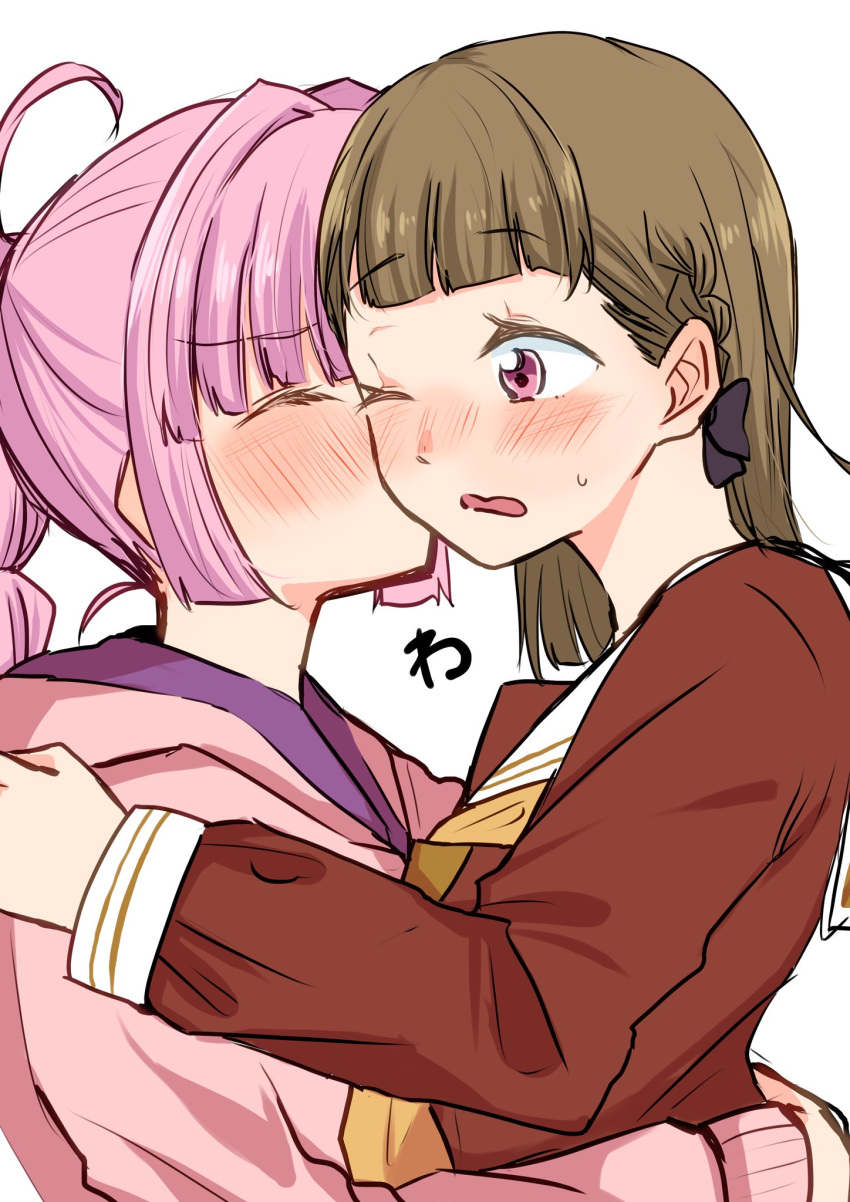 Safebooru - 2girls ^ ^ ahoge anyoji hime black bow blunt bangs blush ...