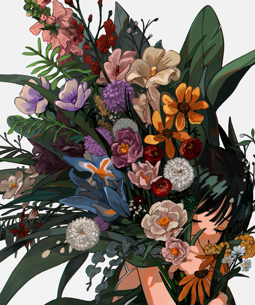 Safebooru - 1girl black flower black hair blue flower closed eyes flower hair between eyes hand ...