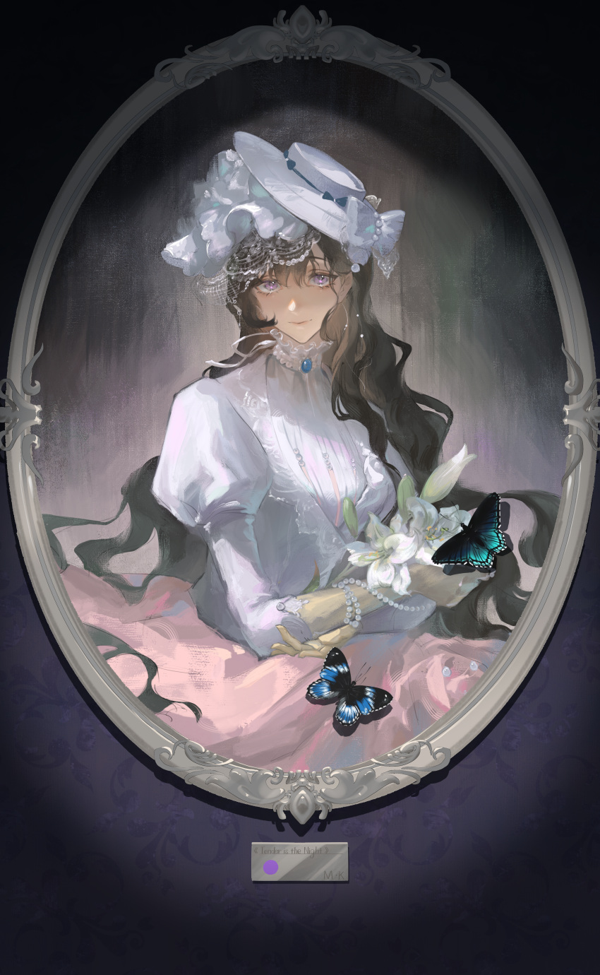 Safebooru - 1girl absurdres black hair blue butterfly border bow bug butterfly closed mouth dark ...