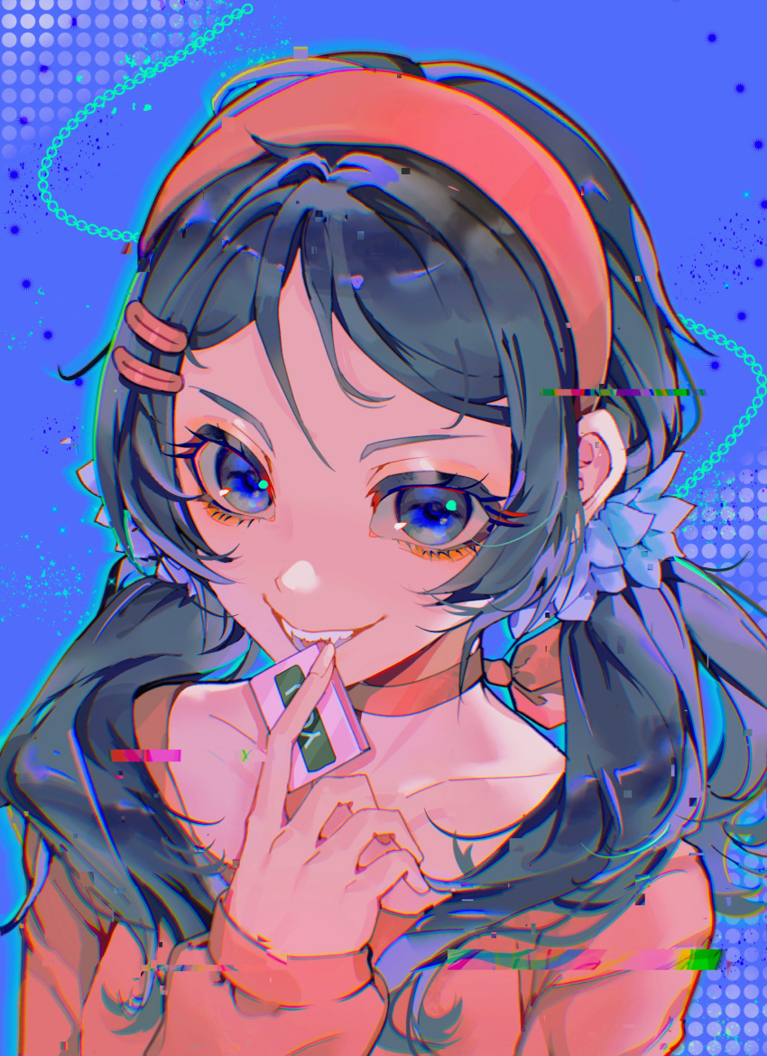 Safebooru - 1girl absurdres blue background blue eyes blue hair bow bow choker choker chromatic ...