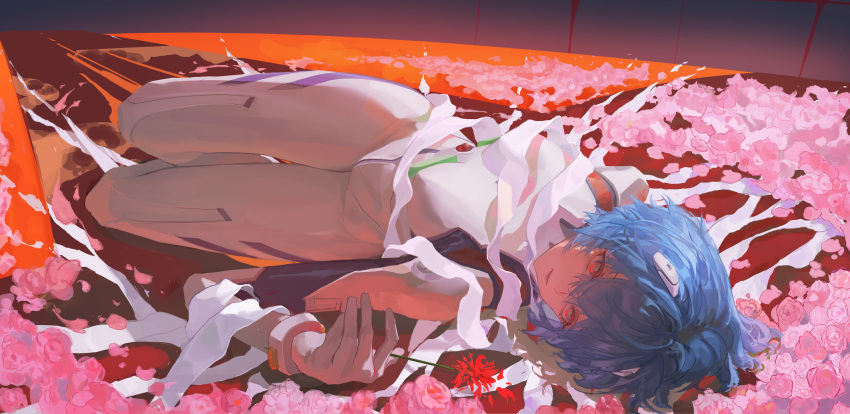 Safebooru - 1girl absurdres ayanami rei blue hair bodysuit commentary dated commentary flower ...