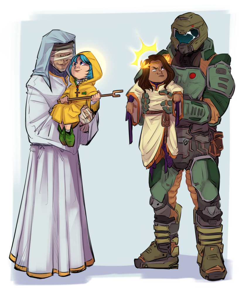 Safebooru - 1girl 3boys absurdres armor bandage over one eye blue background blue eyes blue hair ...