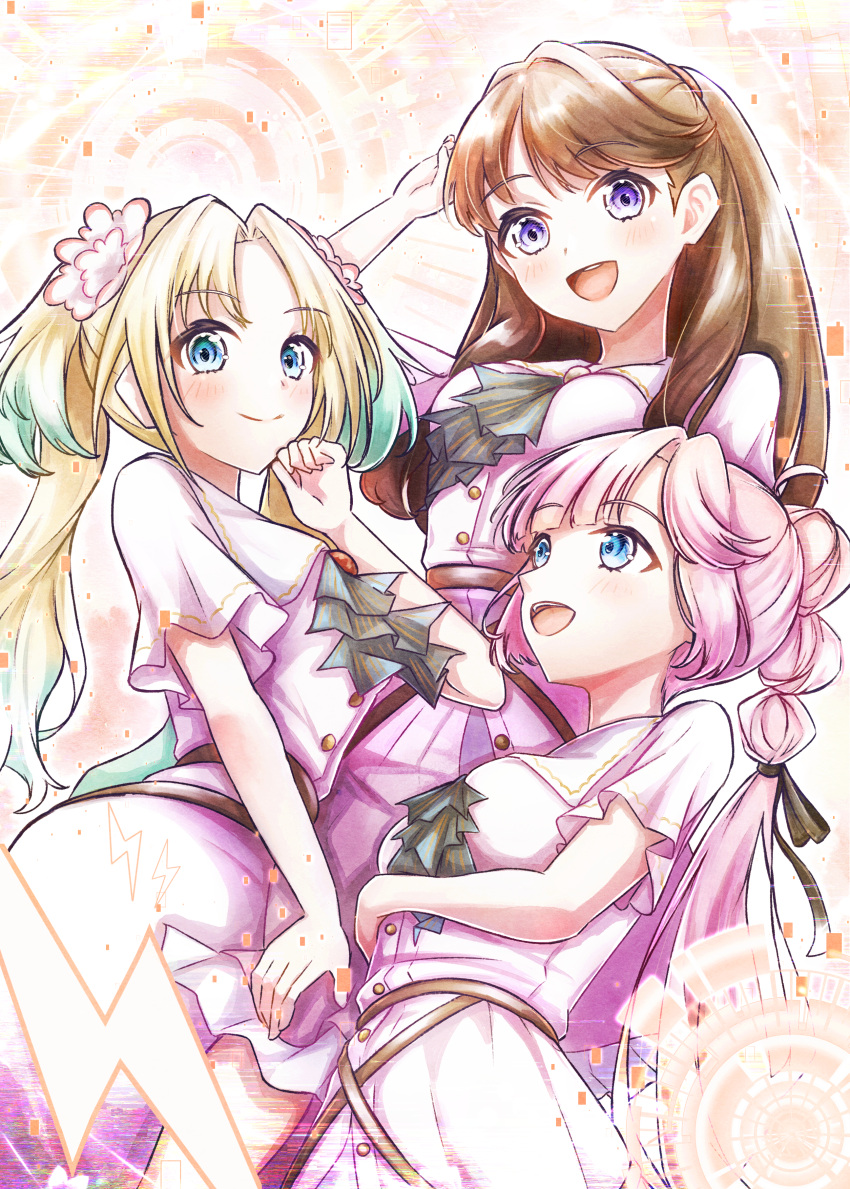 Safebooru - 3girls :d absurdres ahoge anyoji hime aqua hair arm up ascot black ribbon blonde ...